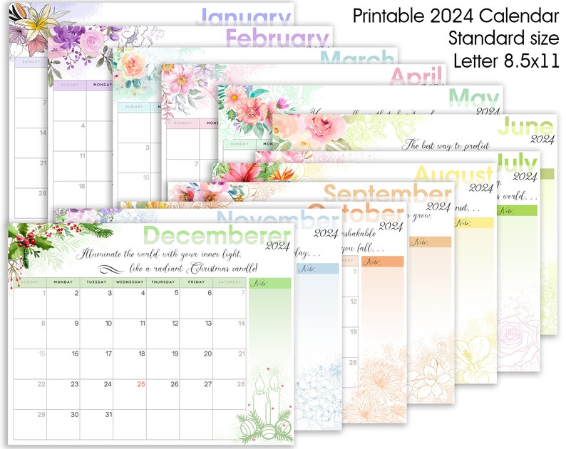 2024 Printable Calendar 2024 With Motivational Quotes Planner PDF ...