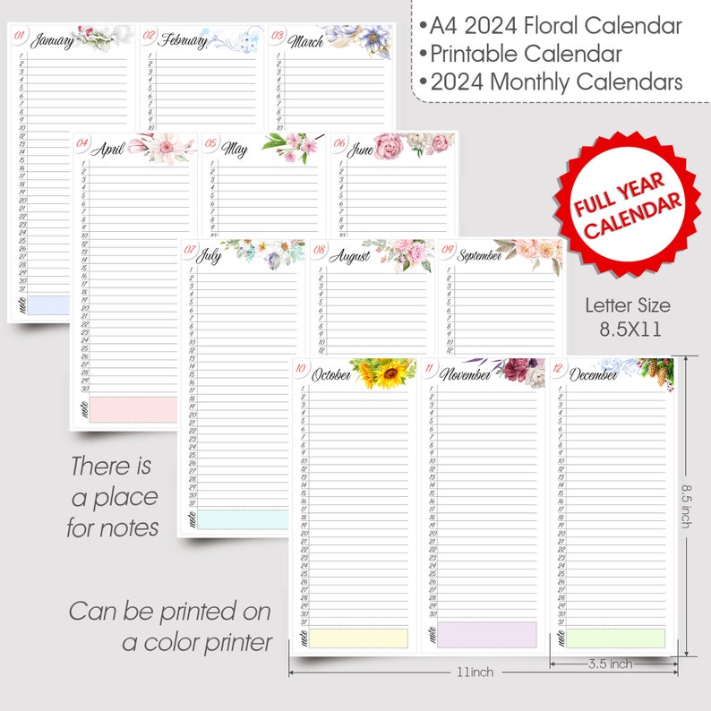 2024 Printable Calendar 2024 Planner PDF Flower 2024 Monthly Calendars ...