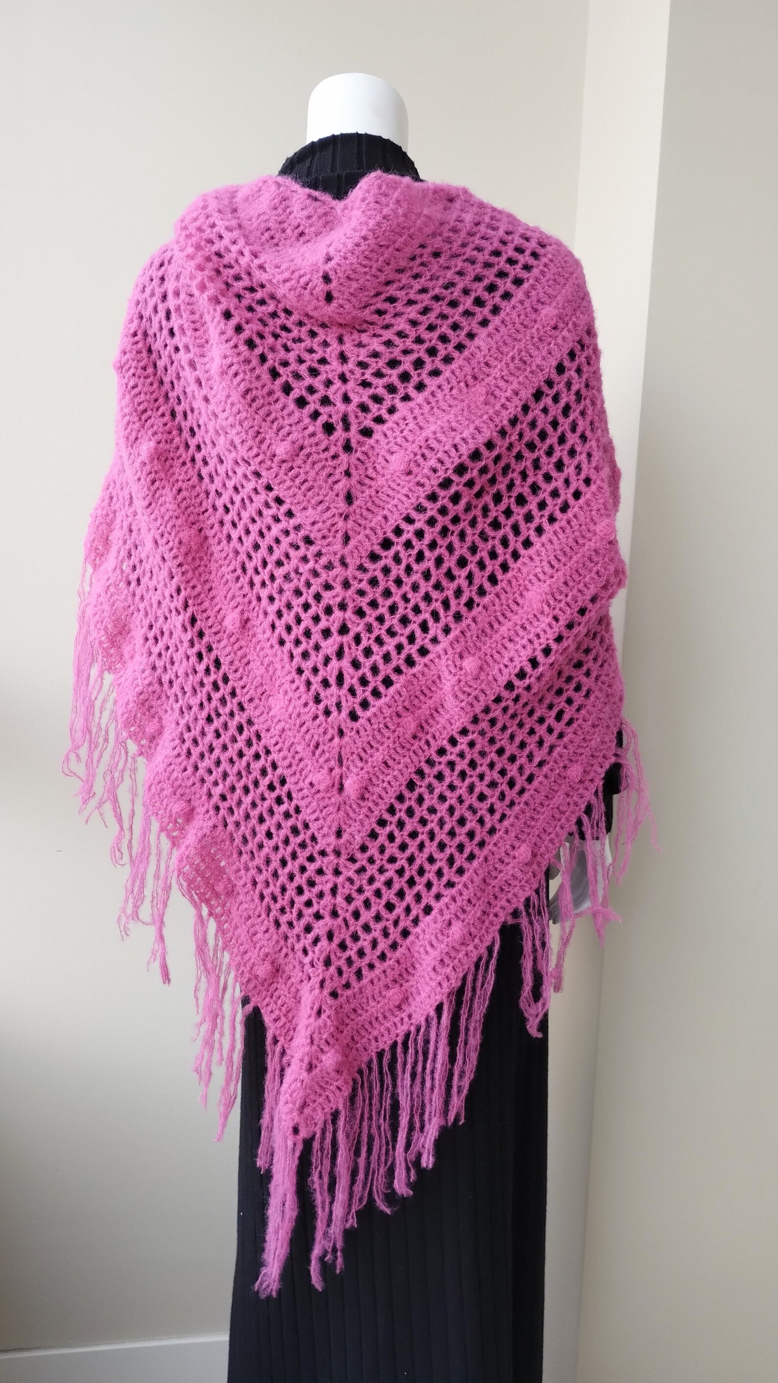 Cerise Color Crochet Shawl for Boho Woman. Handmade Wool Shawl in ...