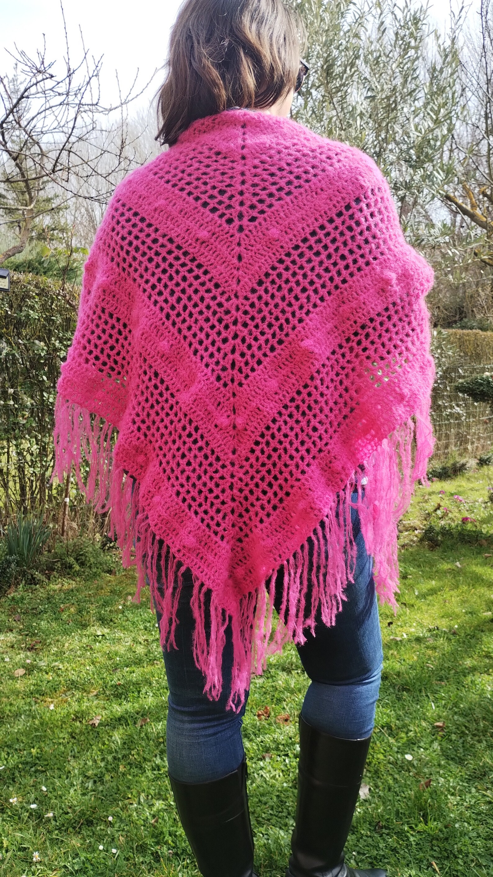Cerise Color Crochet Shawl for Boho Woman. Handmade Wool Shawl in ...