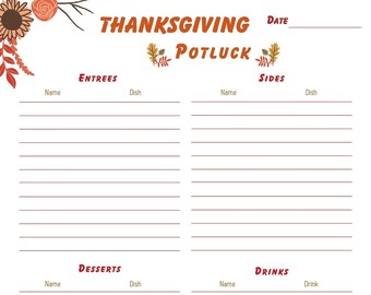 Thanksgiving Potluck Sign-up Sheet - Etsy