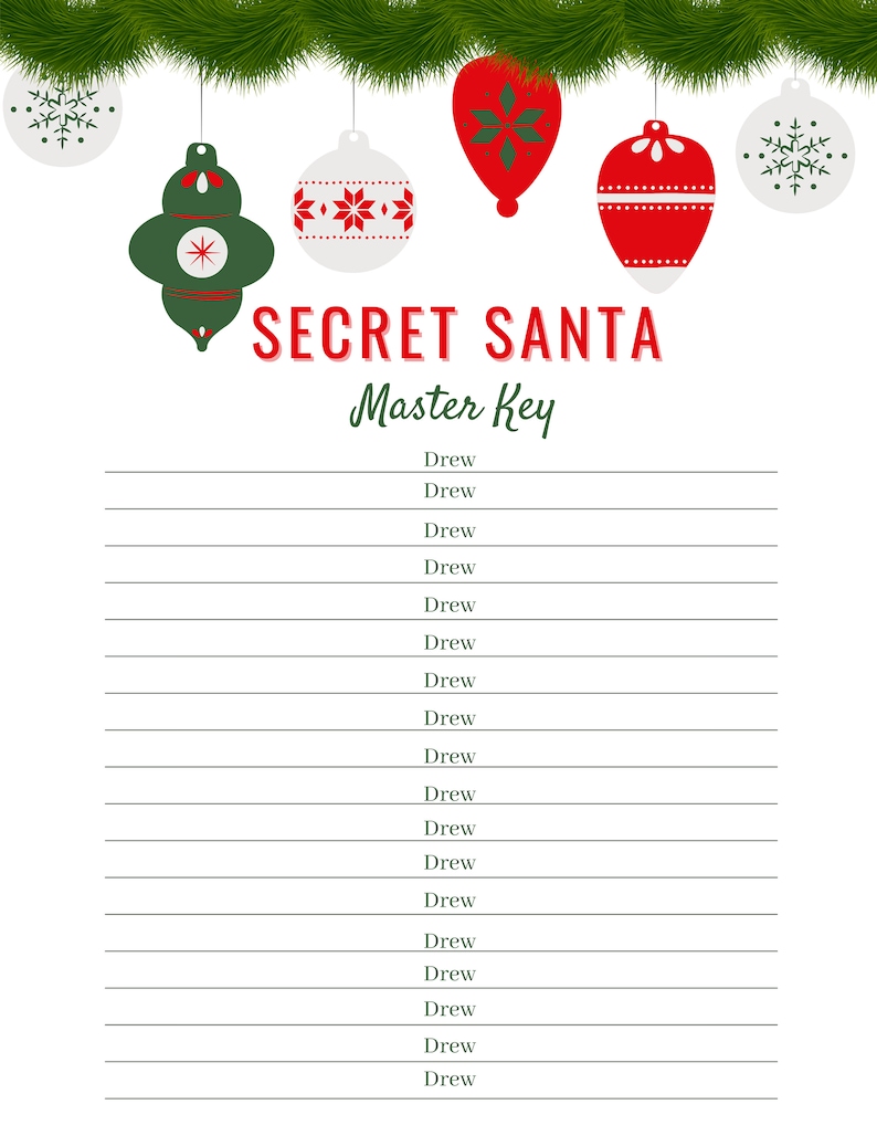 Secret Santa Template, Sign-up Sheet & Master Key - Etsy