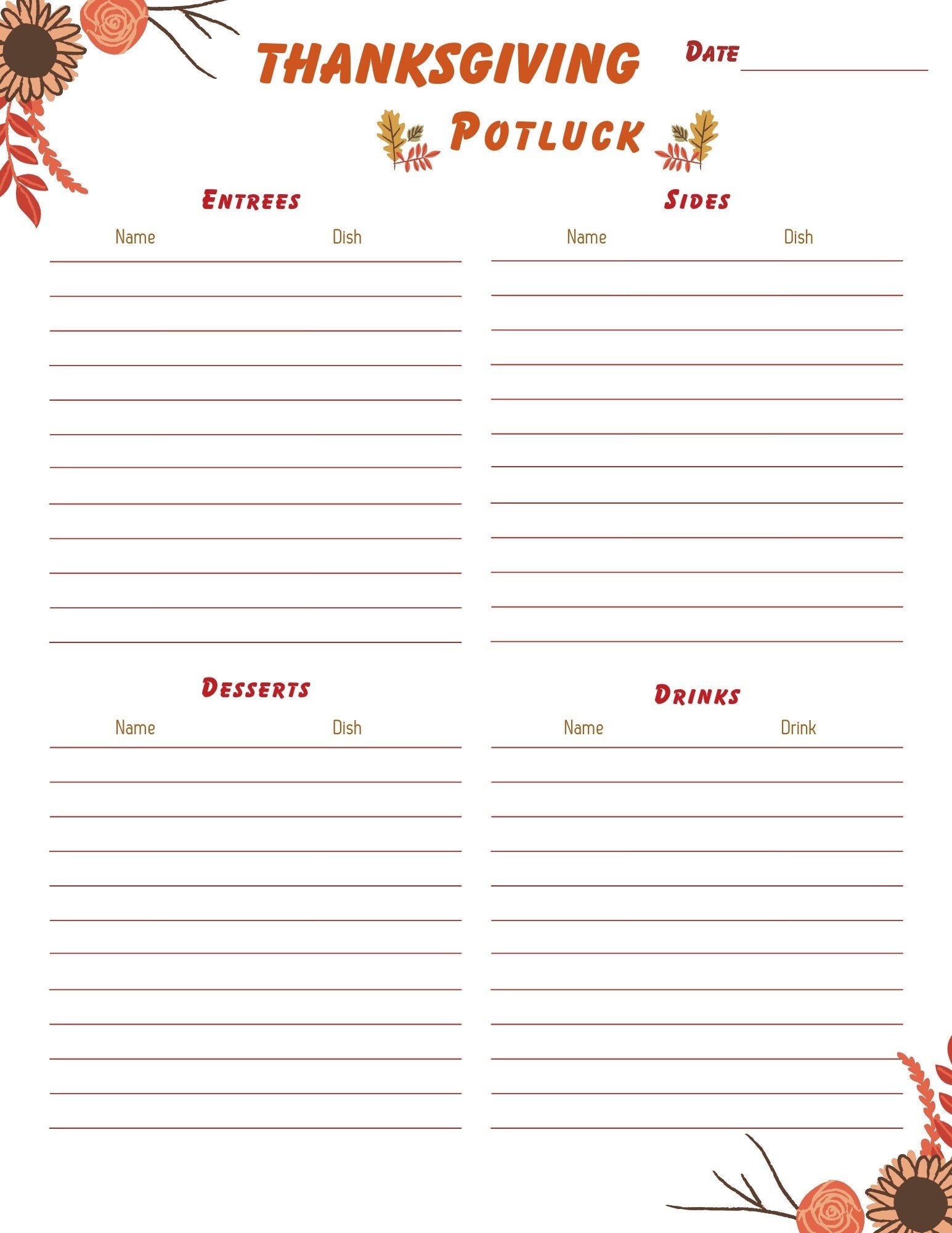 Simplistic Thanksgiving Potluck Sign-up Sheet - Etsy