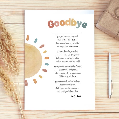 Gift From Teacher End of School Letter Goodbye Poem to - Etsy
