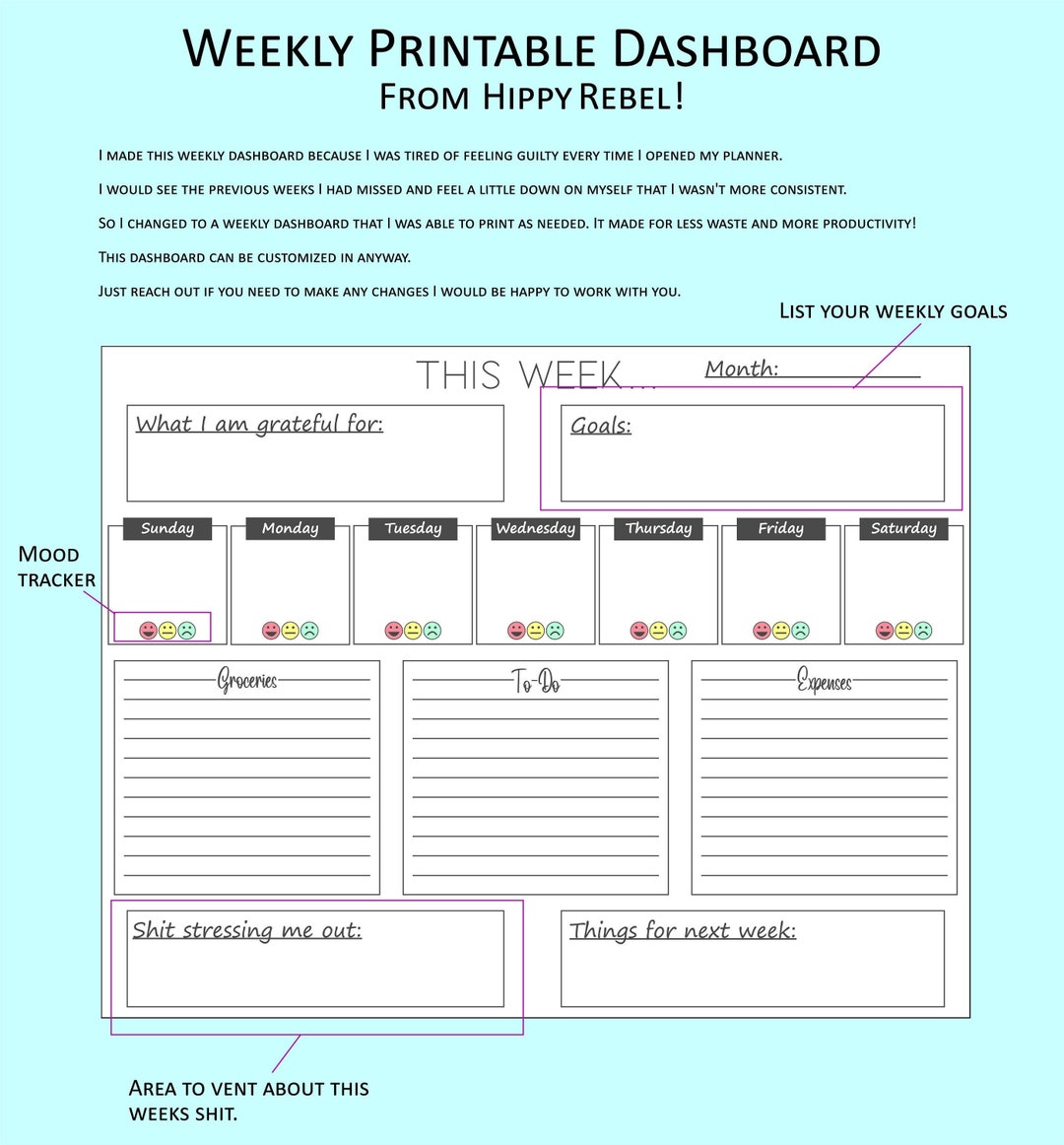 Keep Track of Your Week, Weekly Dashboard With Emotion Tracker - Etsy