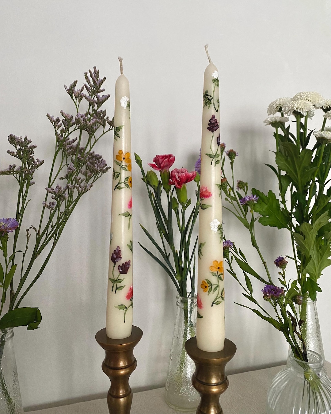 Hand Painted Floral Taper Candle. Bespoke Ivory Candles. Spring Flowers ...