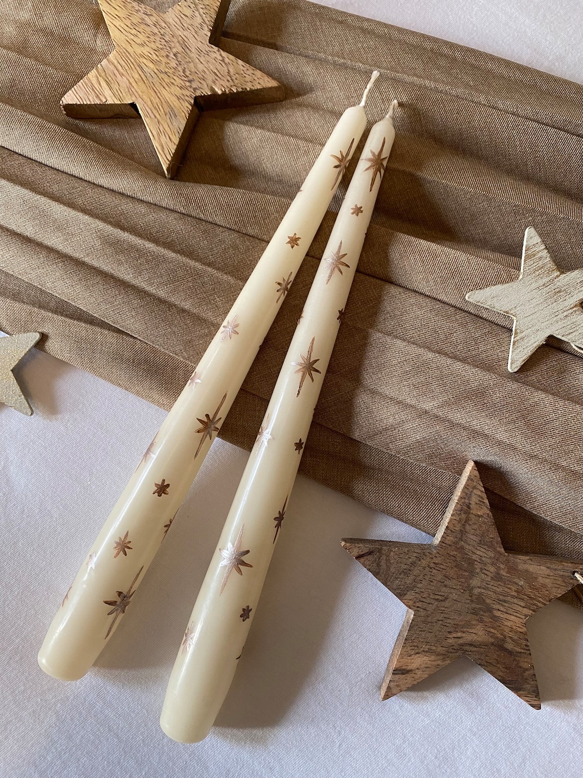 Shimmery Gold Stars on Ivory or Russet Candle - Hand Painted. Bespoke ...
