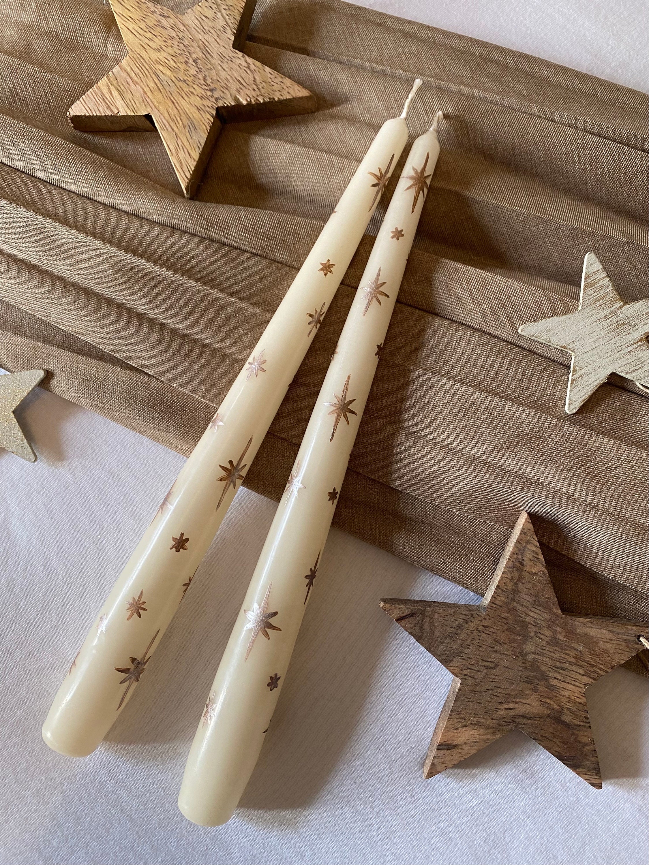 Shimmery Gold Stars on Ivory or Russet Candle - Hand Painted. Bespoke ...