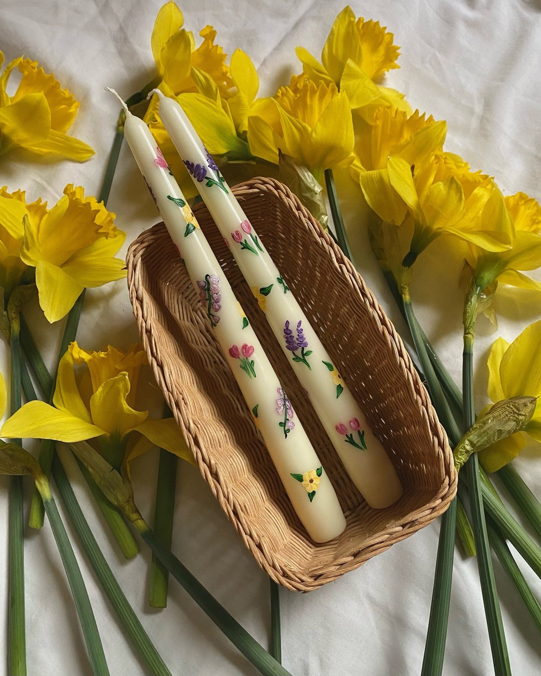 Ivory Hand Painted Spring Flower Candles Painted Candles. Bespoke ...