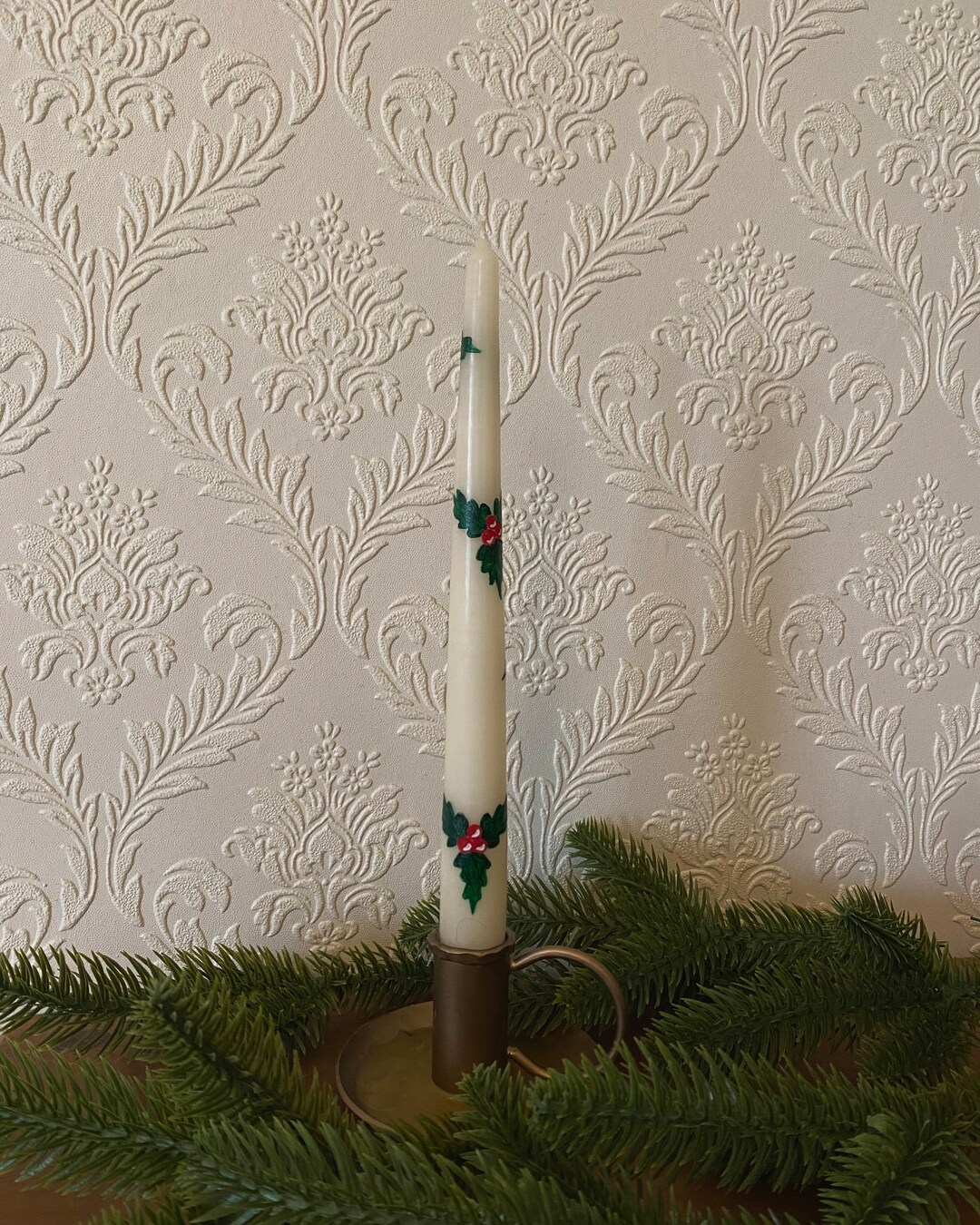 Christmas Holly and Berries on Ivory Candle Hand Painted Candles ...