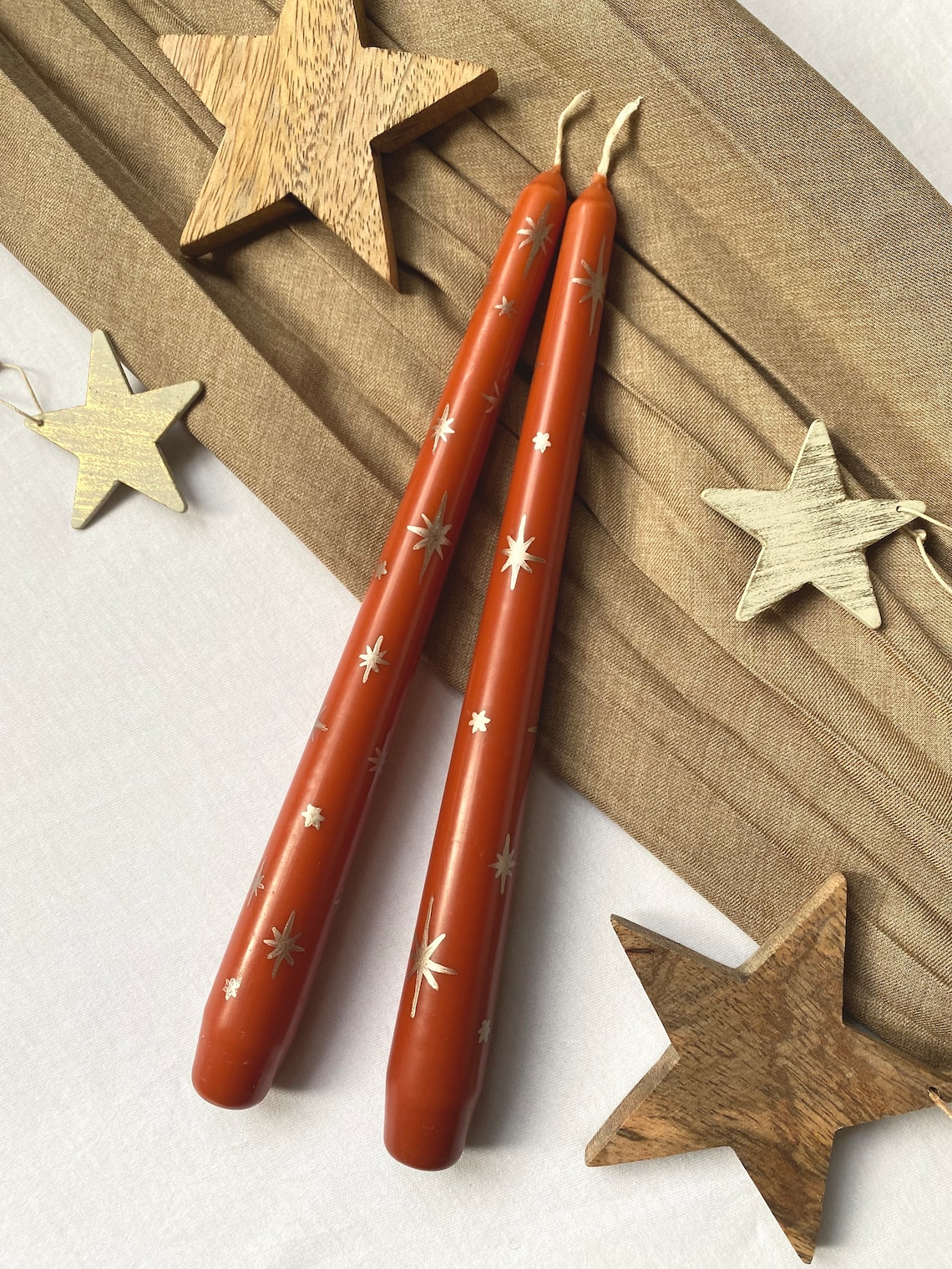 Shimmery Gold Stars on Ivory or Russet Candle - Hand Painted. Bespoke ...