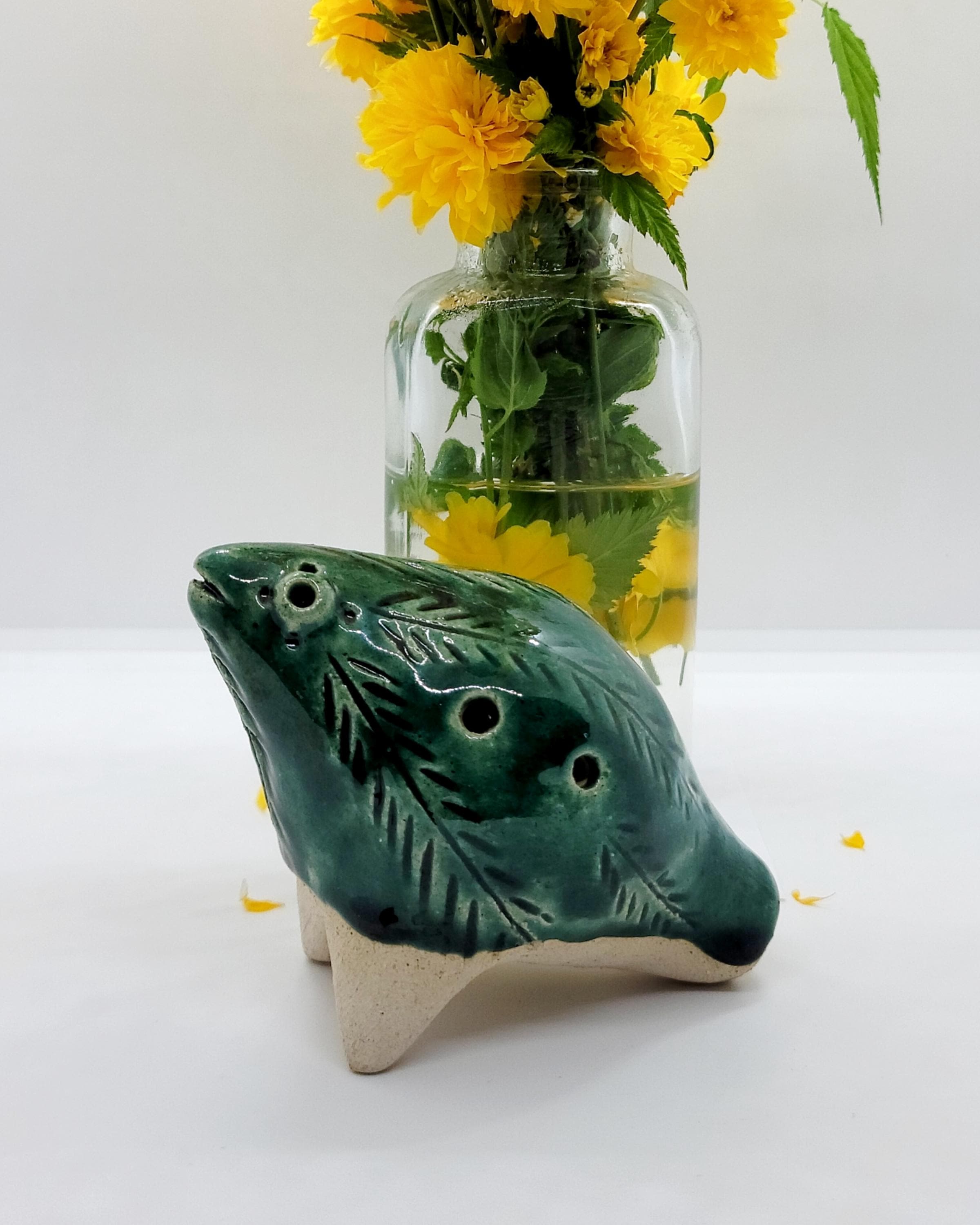 Unique Handcrafted Ceramic Whistle - Green Leaf Pattern Pottery Art ...