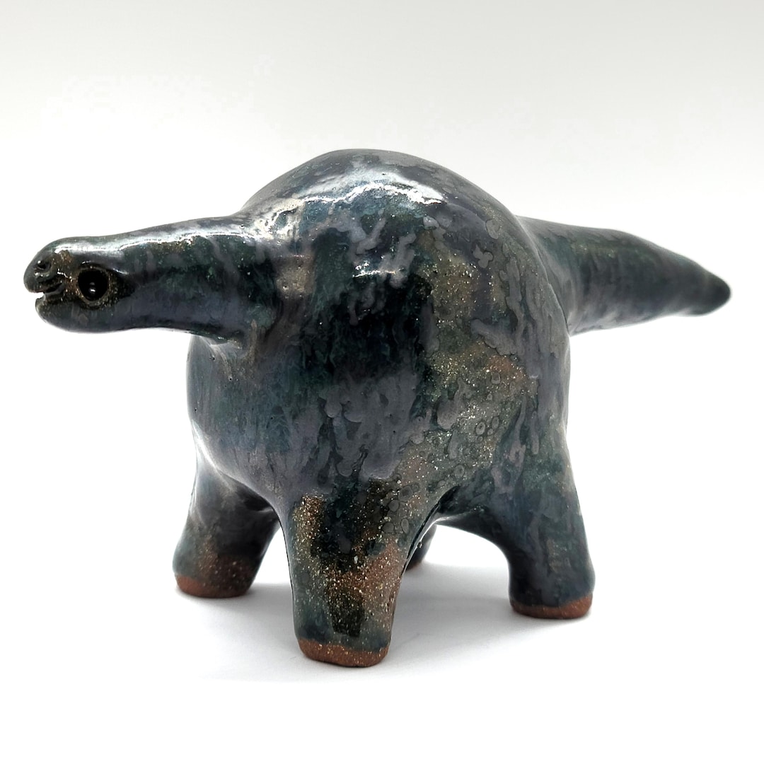 Handmade Ceramic Dinosaur Figurine – Dark Glazed Pottery Sculpture ...