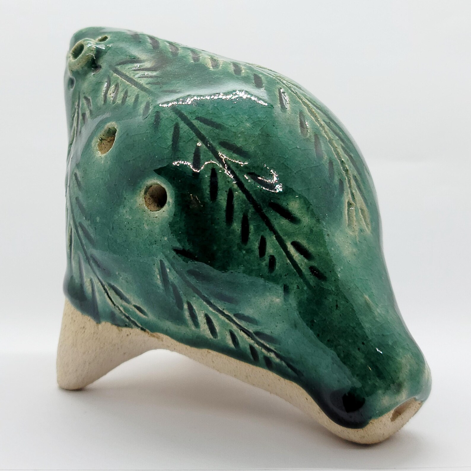 Unique Handcrafted Ceramic Whistle - Green Leaf Pattern Pottery Art ...