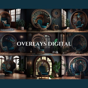 Boho Peacock Chair Room Digital Backdrops, Maternity Backdrop Overlays ...