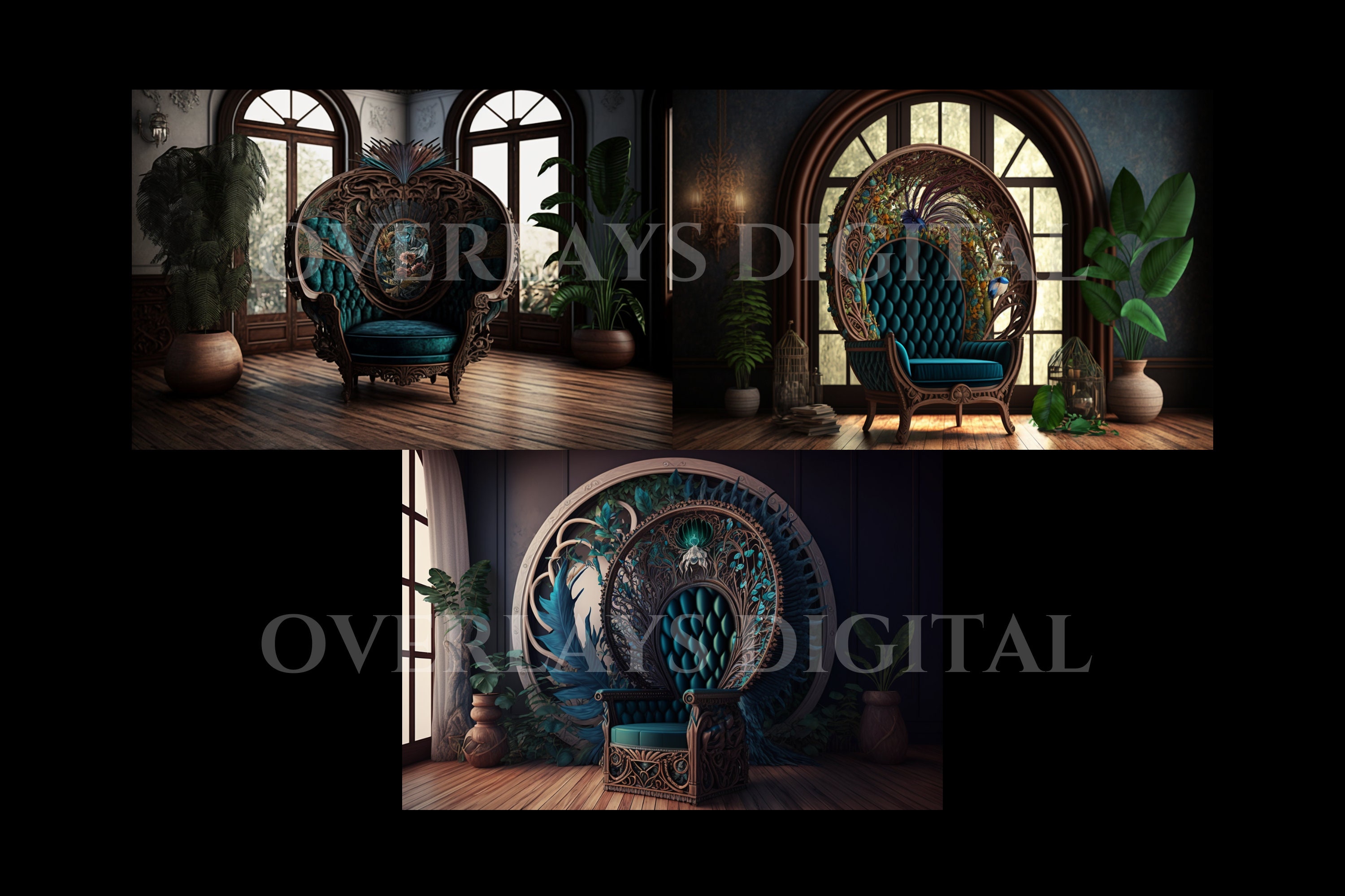 Boho Peacock Chair Room Digital Backdrops, Maternity Backdrop Overlays ...