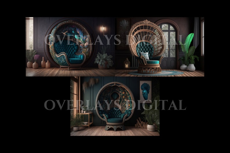 Boho Peacock Chair Room Digital Backdrops, Maternity Backdrop Overlays ...