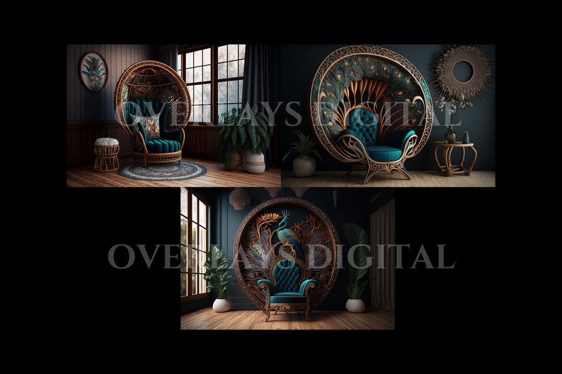 Boho Peacock Chair Room Digital Backdrops, Maternity Backdrop Overlays ...