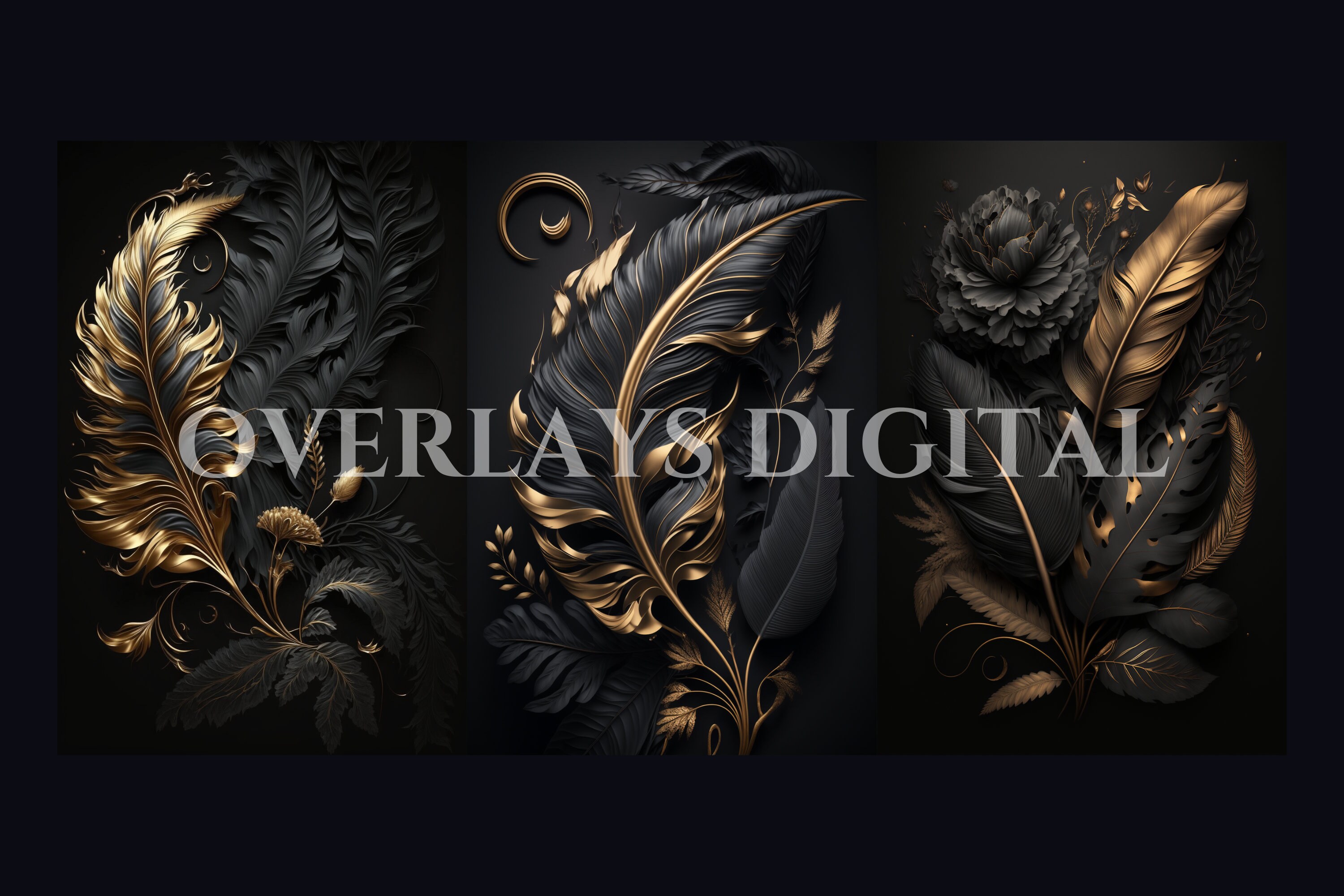 Black and Gold Floral Feather Wall Digital Backdrops, Fine Art Textures ...