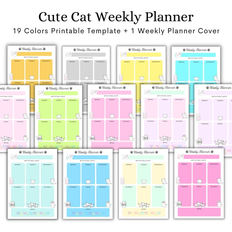 Pastel Cat Notepad, Weekly Planner Printable Template, PDF Weekly ...