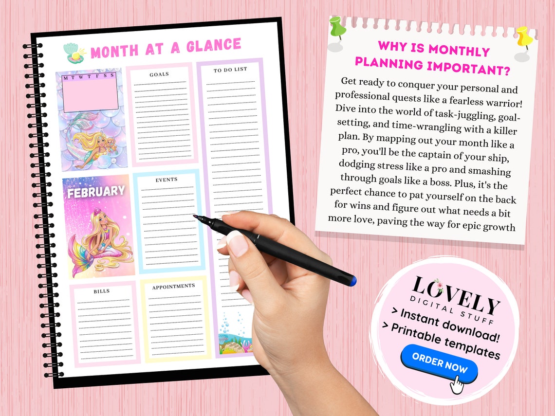 Printable Mermaid Monthly Planner PDF, Month at Glance Planner, Mermaid ...
