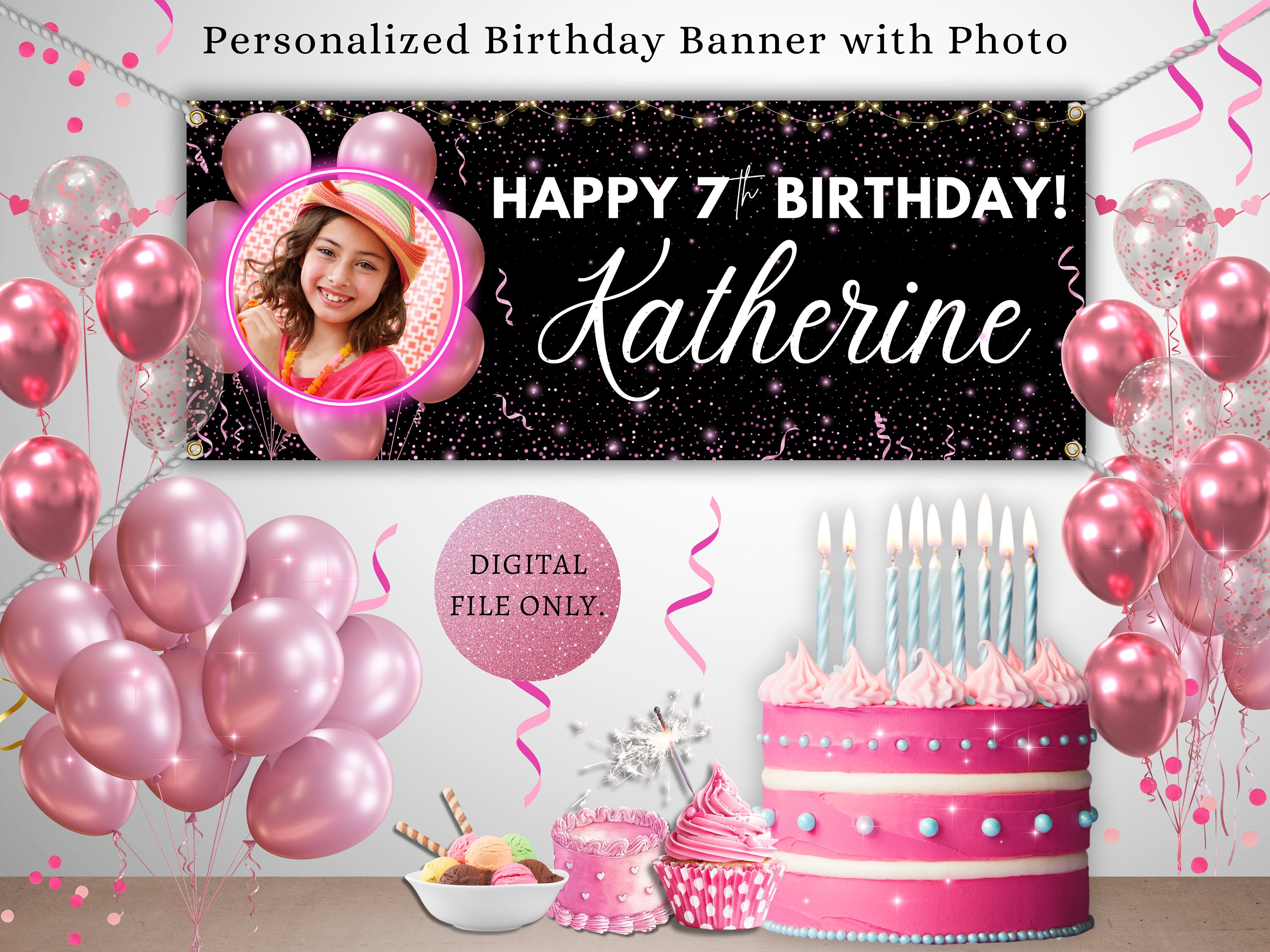 Personalized Birthday Banner, Printable Pink Party Banner With Photo ...