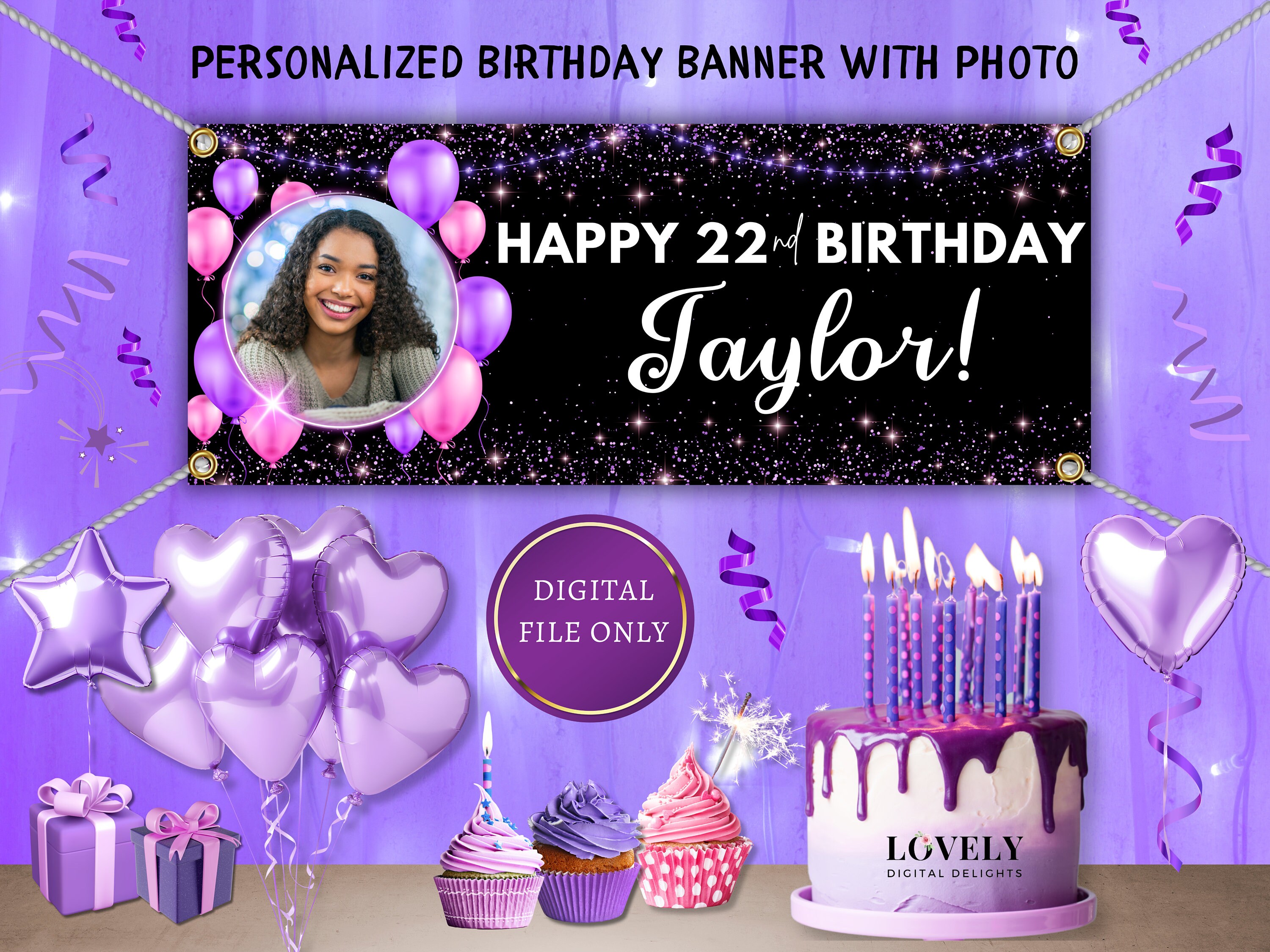 Custom Purple Party Banner, Personalized Birthday Banner With Photo ...