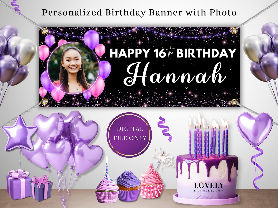 Custom Purple Party Banner, Personalized Birthday Banner With Photo ...