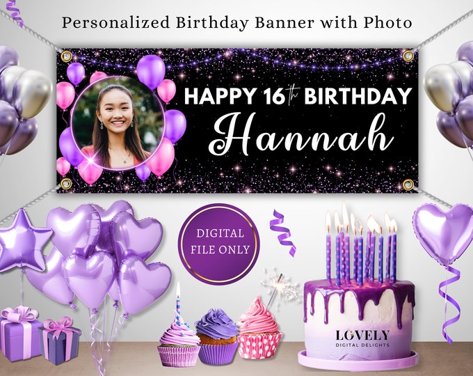 Custom Purple Party Banner, Personalized Birthday Banner With Photo ...