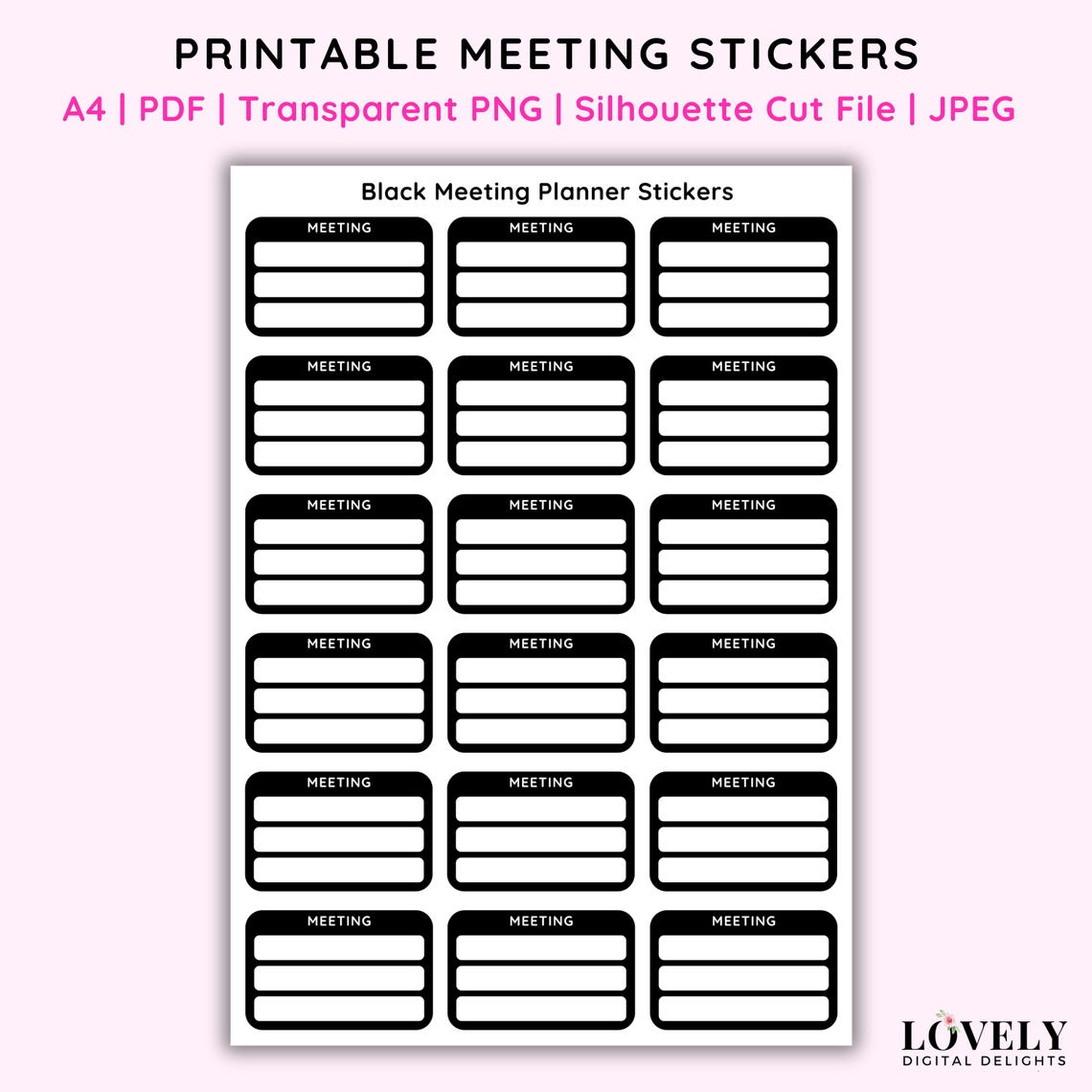 Printable Meeting Stickers: Minimalist Black Planner Stickers (PDF, PNG ...