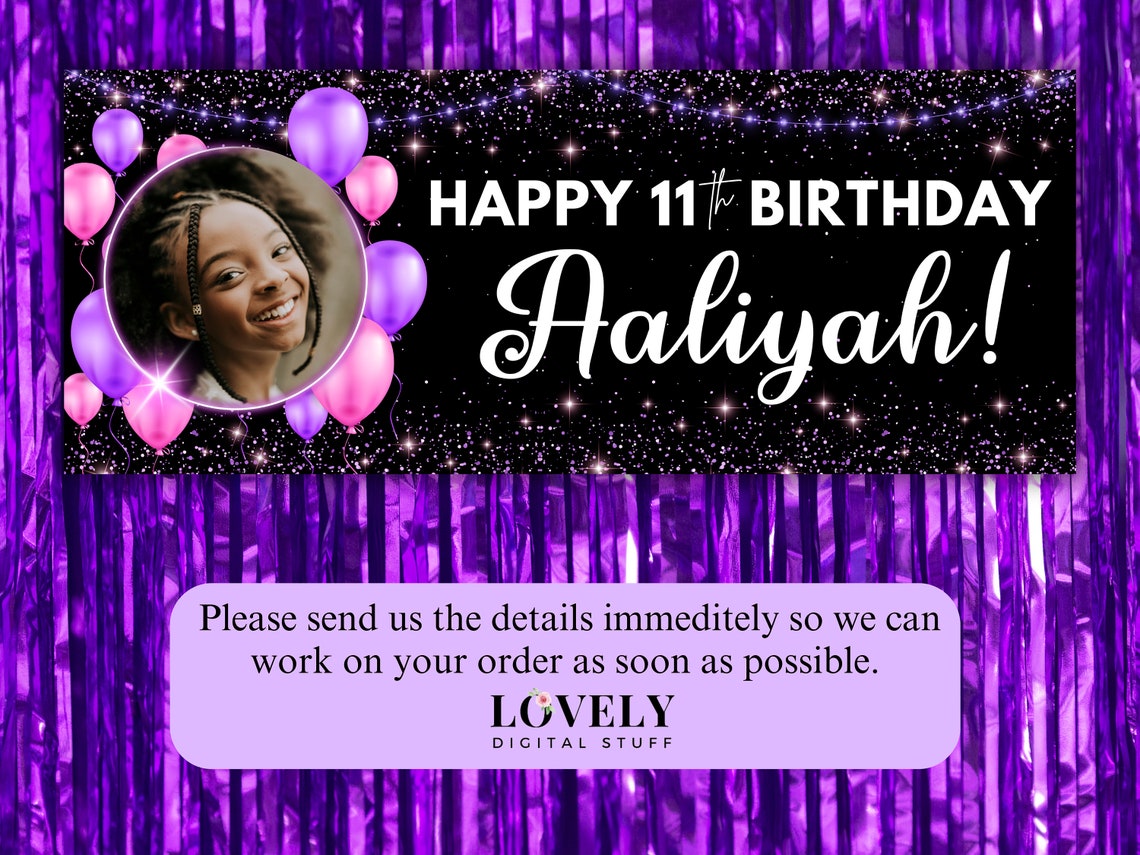Custom Purple Party Banner, Personalized Birthday Banner With Photo ...