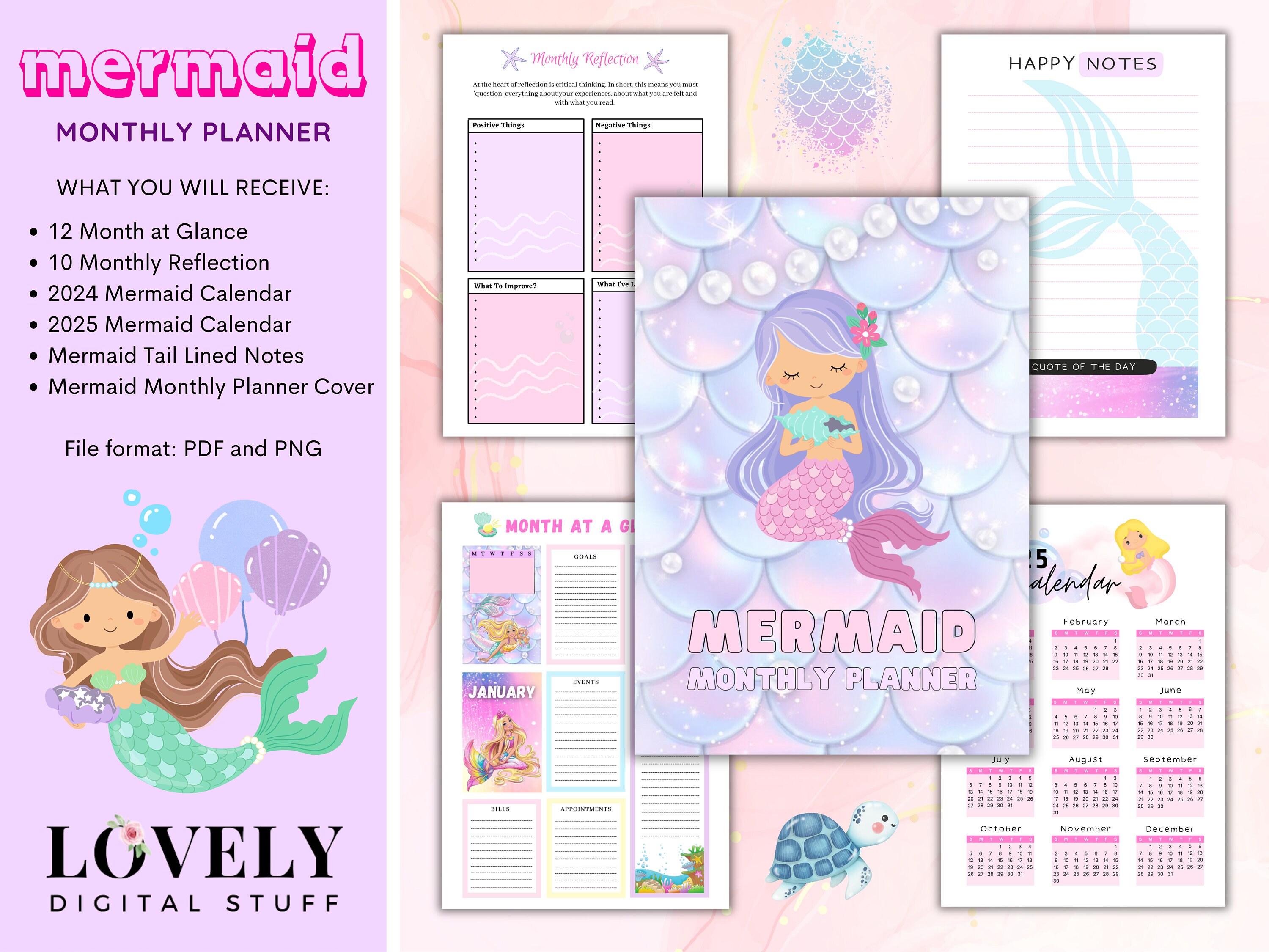 Printable Mermaid Monthly Planner PDF, Month at Glance Planner, Mermaid ...