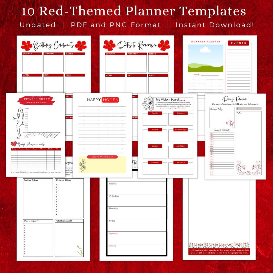 Printable Red Theme Planner Template, 10 Layouts, Instant Download ...