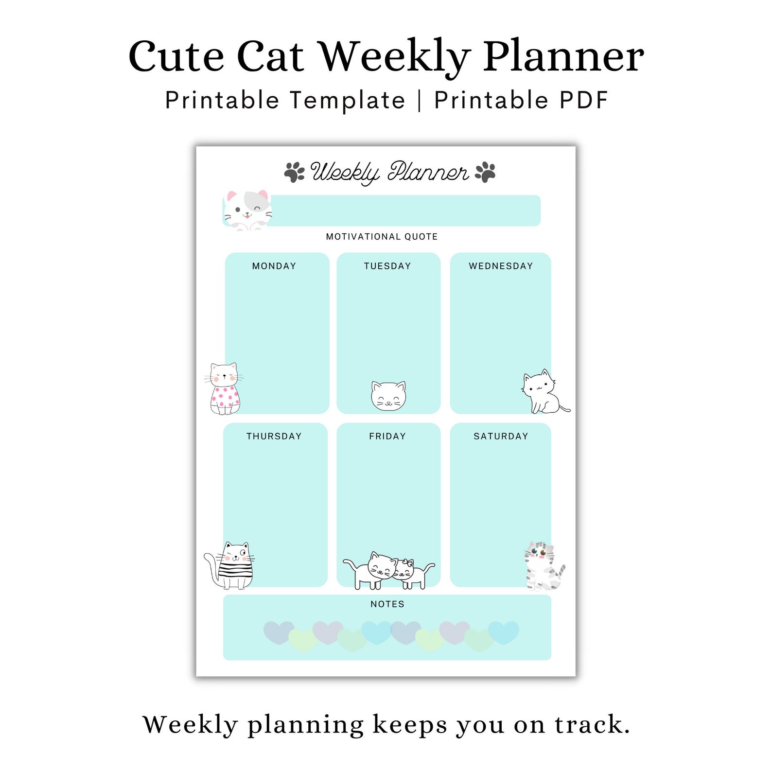 Pastel Cat Notepad, Weekly Planner Printable Template, PDF Weekly ...