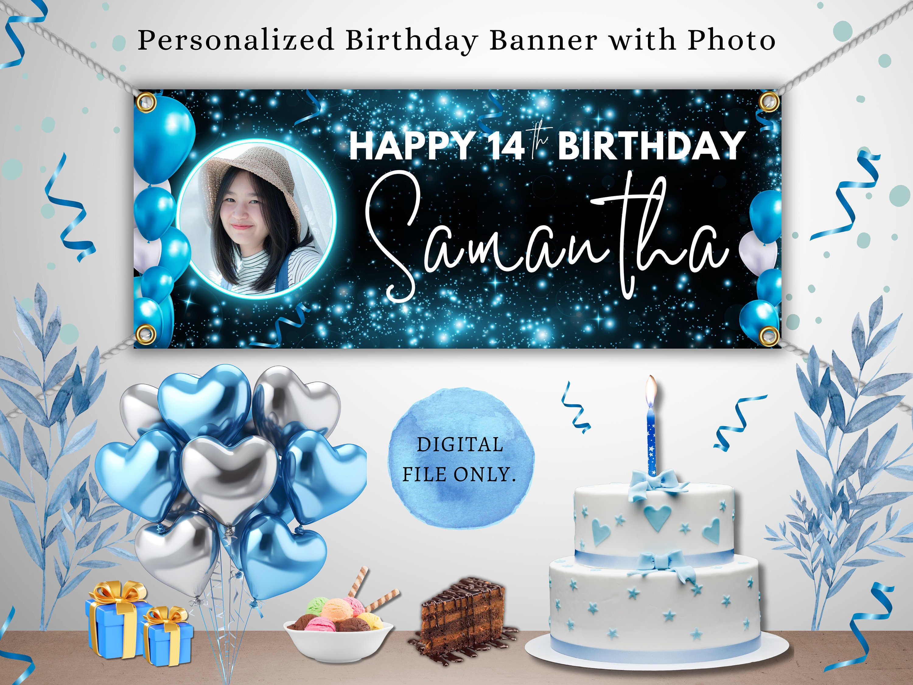 Personalized Blue Birthday Banner With Picture Template, Customized ...