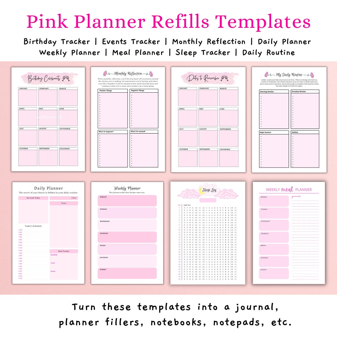 Printable Planner Refills, Pink Planner Templates, Journal Refills ...