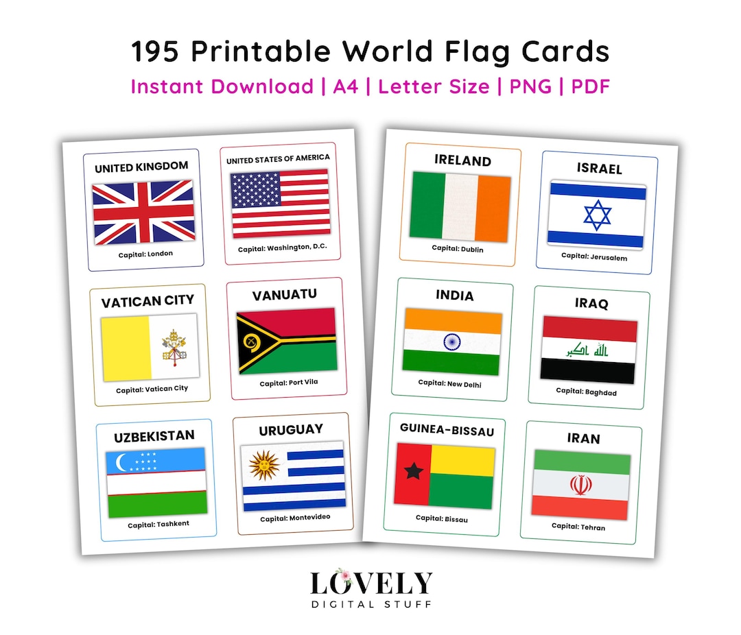 World Flags Flash Cards: Geography Game, Montessori Printable (PDF ...