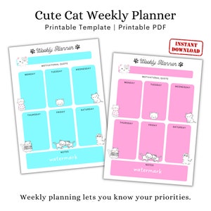 Pastel Cat Notepad, Weekly Planner Printable Template, PDF Weekly ...