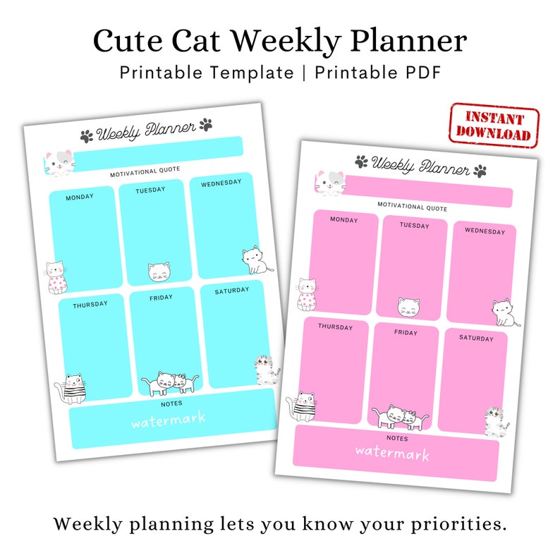 Pastel Cat Notepad, Weekly Planner Printable Template, PDF Weekly ...