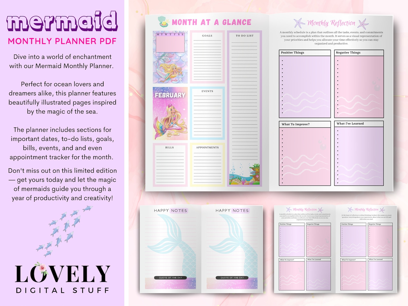 Printable Mermaid Monthly Planner PDF, Month at Glance Planner, Mermaid ...