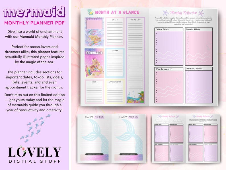 Printable Mermaid Monthly Planner PDF, Month at Glance Planner, Mermaid ...