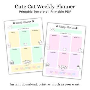 Pastel Cat Notepad, Weekly Planner Printable Template, PDF Weekly ...