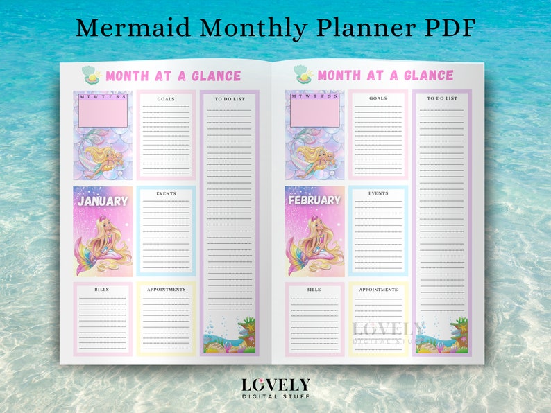 Printable Mermaid Monthly Planner PDF, Month at Glance Planner, Mermaid ...