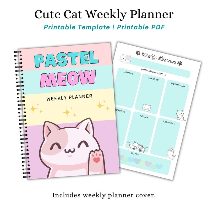 Pastel Cat Notepad, Weekly Planner Printable Template, PDF Weekly ...