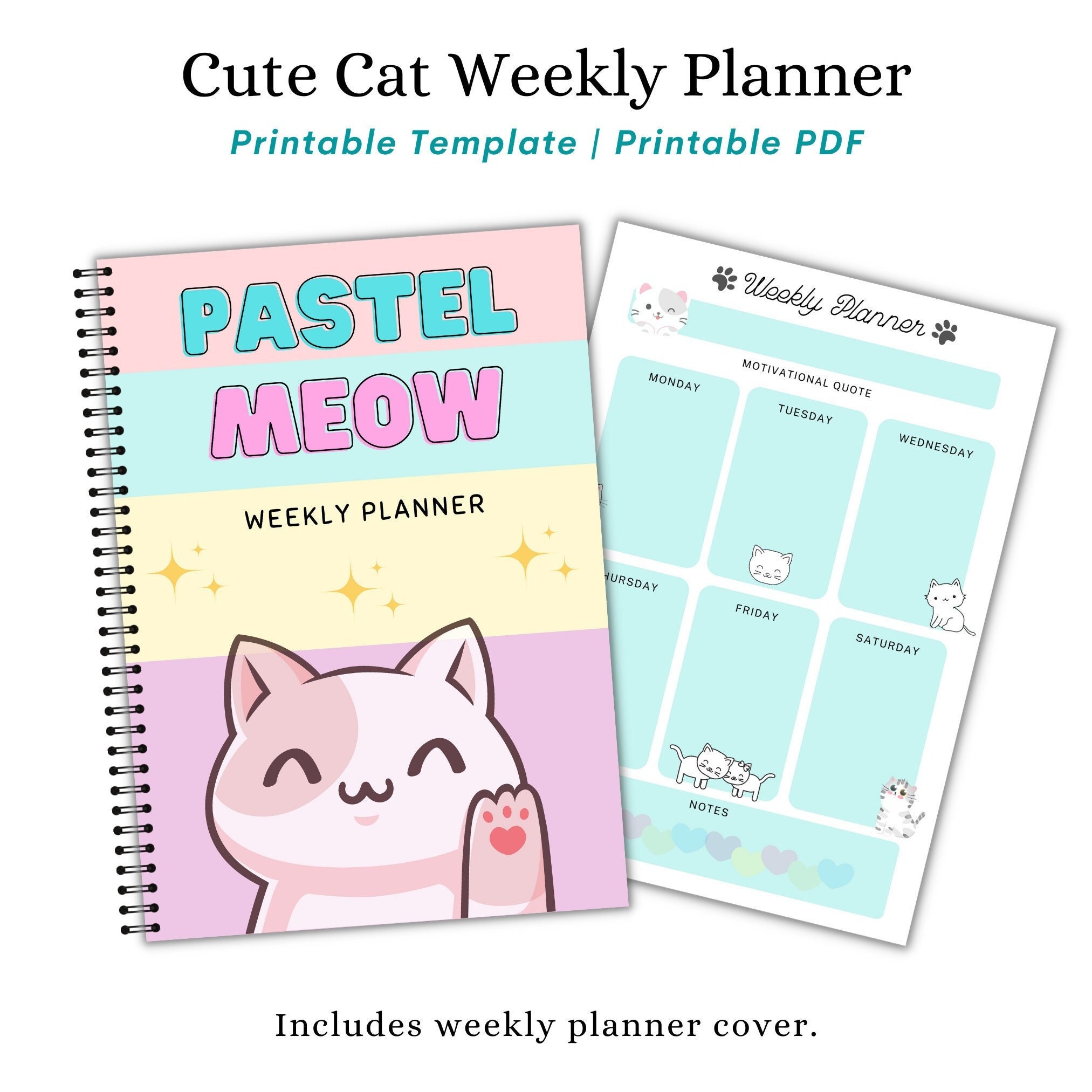 Pastel Cat Notepad, Weekly Planner Printable Template, PDF Weekly ...
