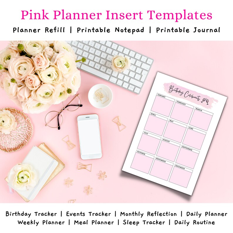 Printable Planner Template, Pink Planner Inserts PNG PDF, Productivity ...