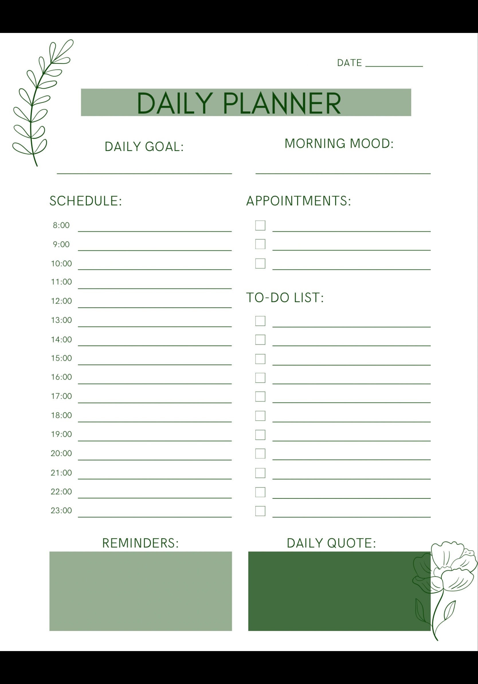 Daily Planner, Keep Track of Your Day, Minimalistic Forest Green, To-do ...