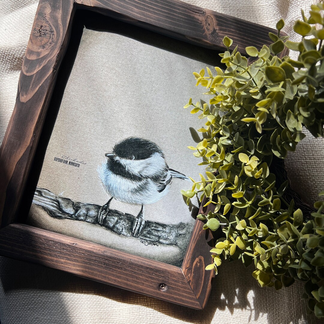 Chickadee Art Print: Vintage Style Canvas in Rustic Wood Frame - Etsy