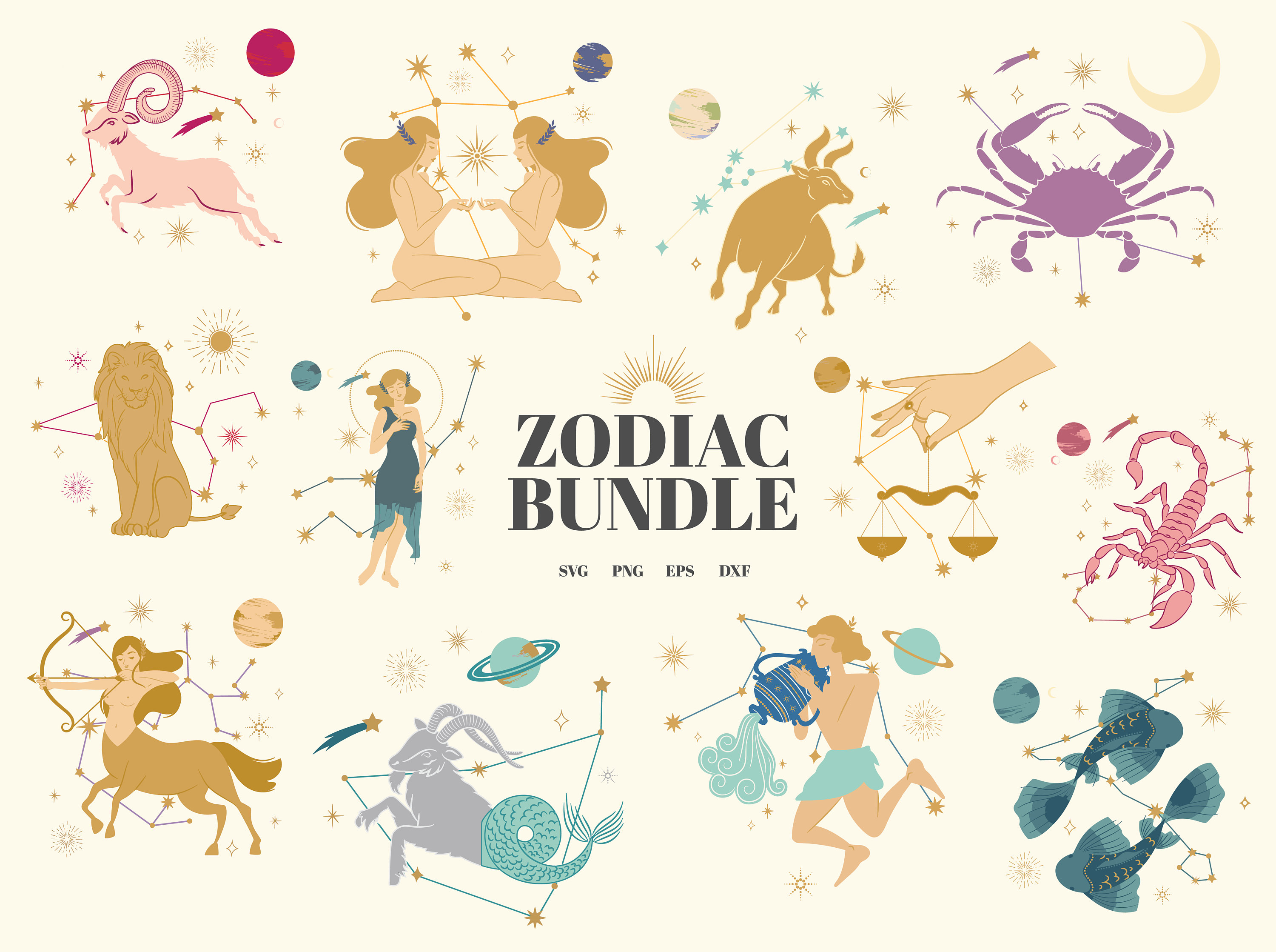 Zodiac SVG Bundle, Zodiac Signs, Horoscope, Star Signs, DXF, PNG, Svg ...