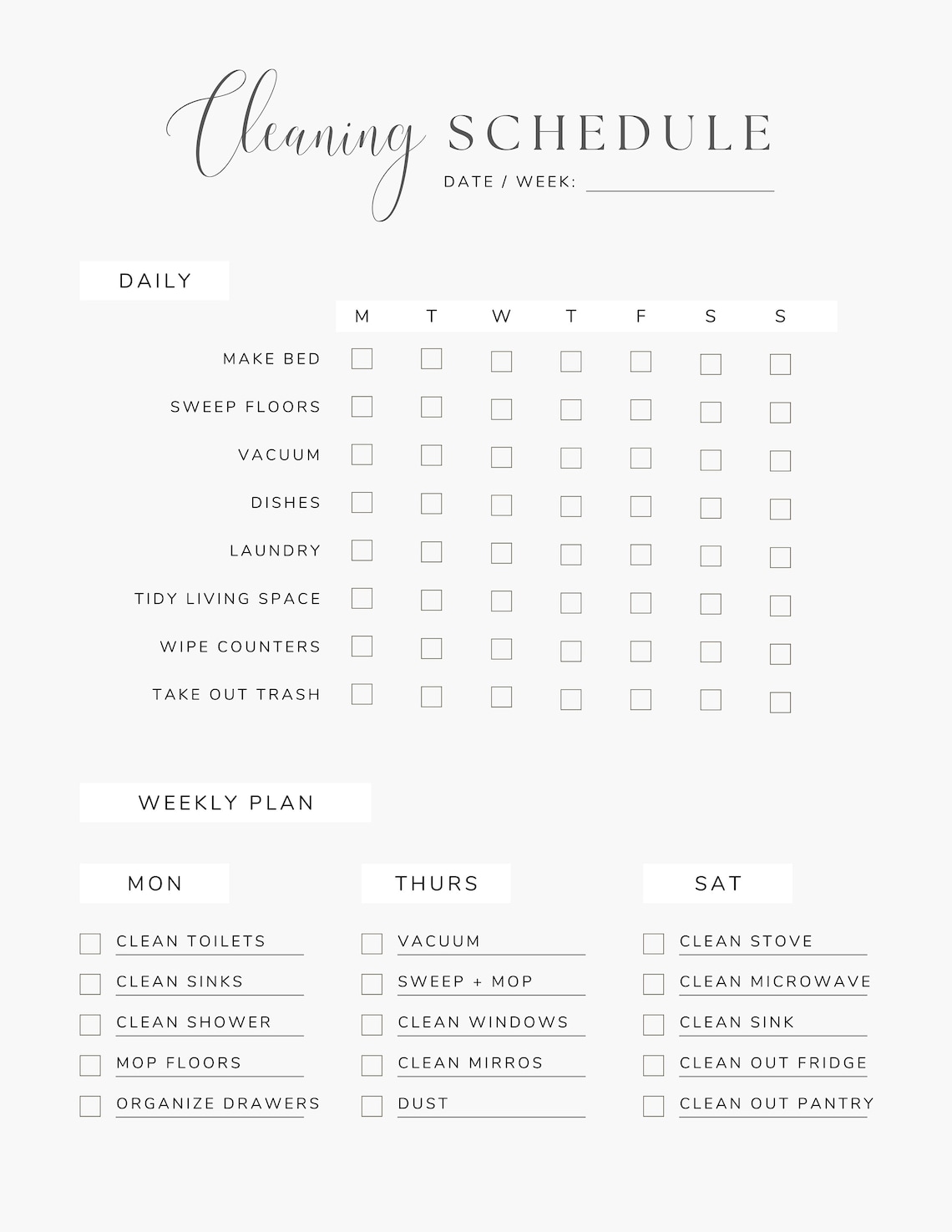 Organized Weekly & Daily Cleaning Schedule - Etsy